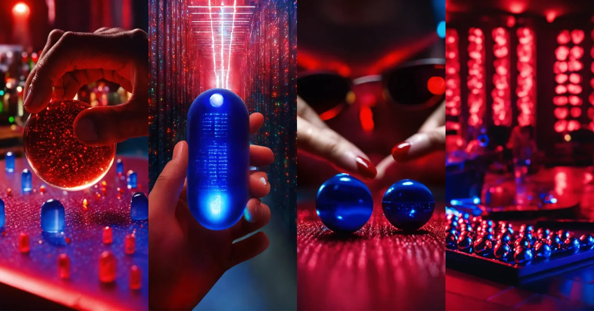 Lexica - Offering red or blue pill from the matrix with party in background