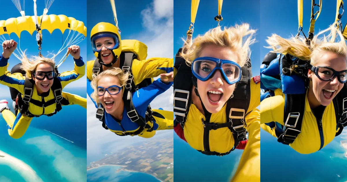Lexica - A blonde woman skydiving jumping out of a plane with a yellow ...