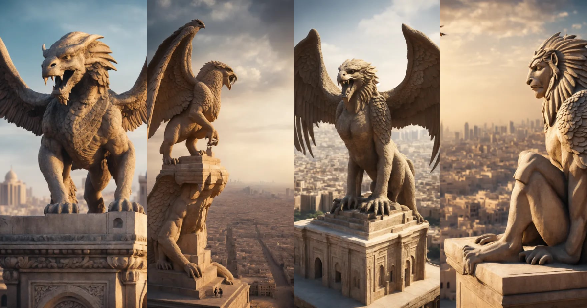 Lexica - Stone statue of winged monster over Arab city , realistic ...