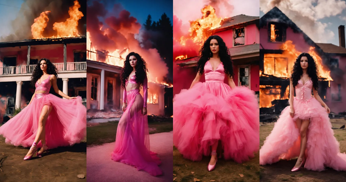 Lexica - Sad stunning woman with long curly dark hair,dressed in pink ...