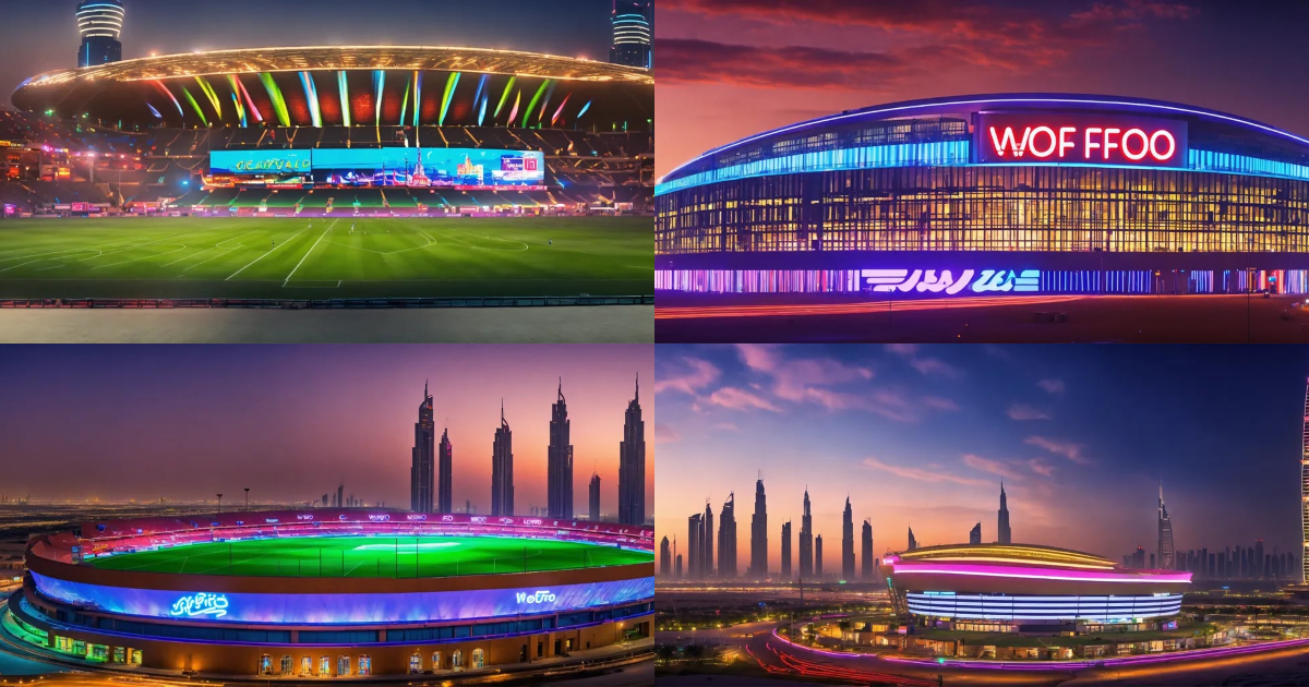 Lexica - Stadium name WOFO neon lights dubai city stadium name WOFO ...