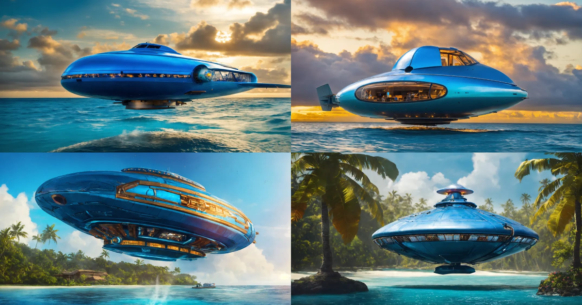 Lexica - A flying round blue metal spaceship above the water in the ...