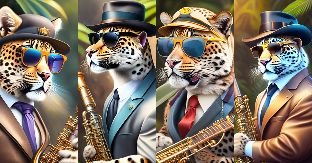 Lexica - Leopard, playing saxophone, sun glasses, blues brothers, jungle