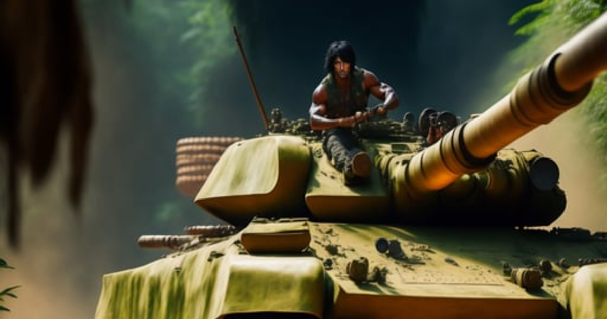 Lexica - Action shot of john rambo on a tank in a jungle, cinematic ...