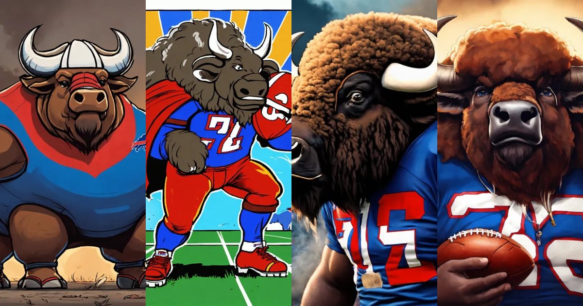Lexica - Cartoonish Big buffalo wearing buffalo bills uniform holding a ...