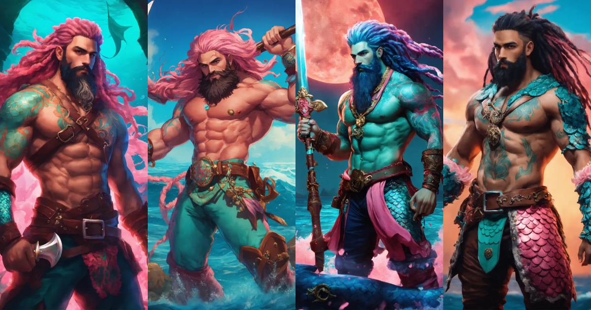 Lexica - A buff muscular Merman pirate with pink scales across his blue ...