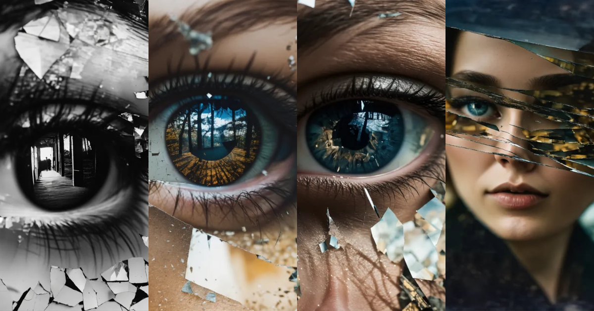 Lexica - Double exposure photo, featuring eye, shattered mirror effect ...