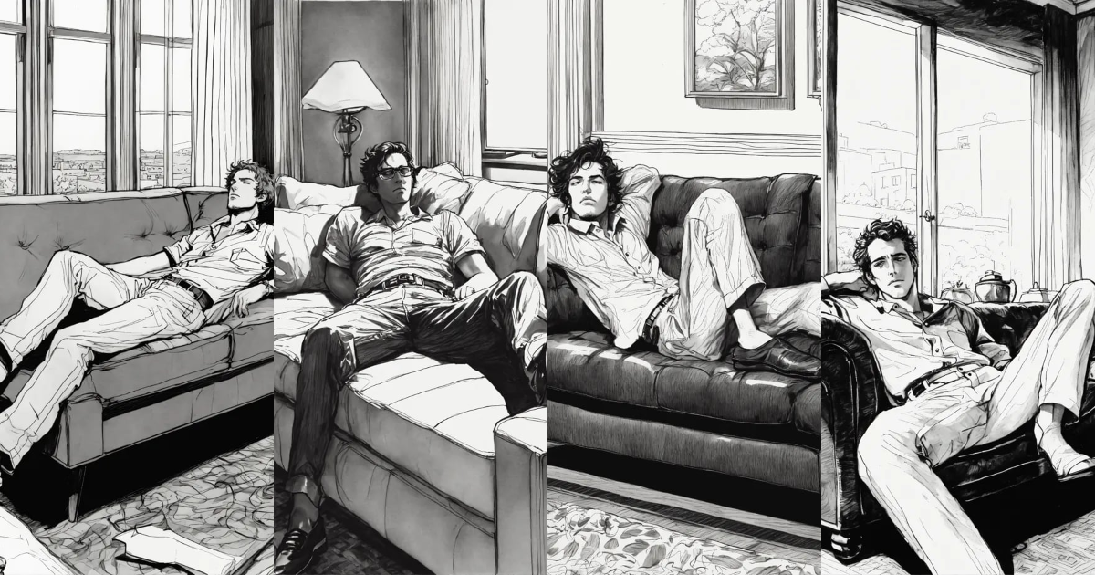 Lexica - A black and white line drawing, Milo Manara style, of a bored ...