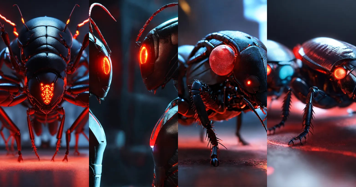 Lexica - Group of 3 black cockroach faced humanoids with red glowing ...