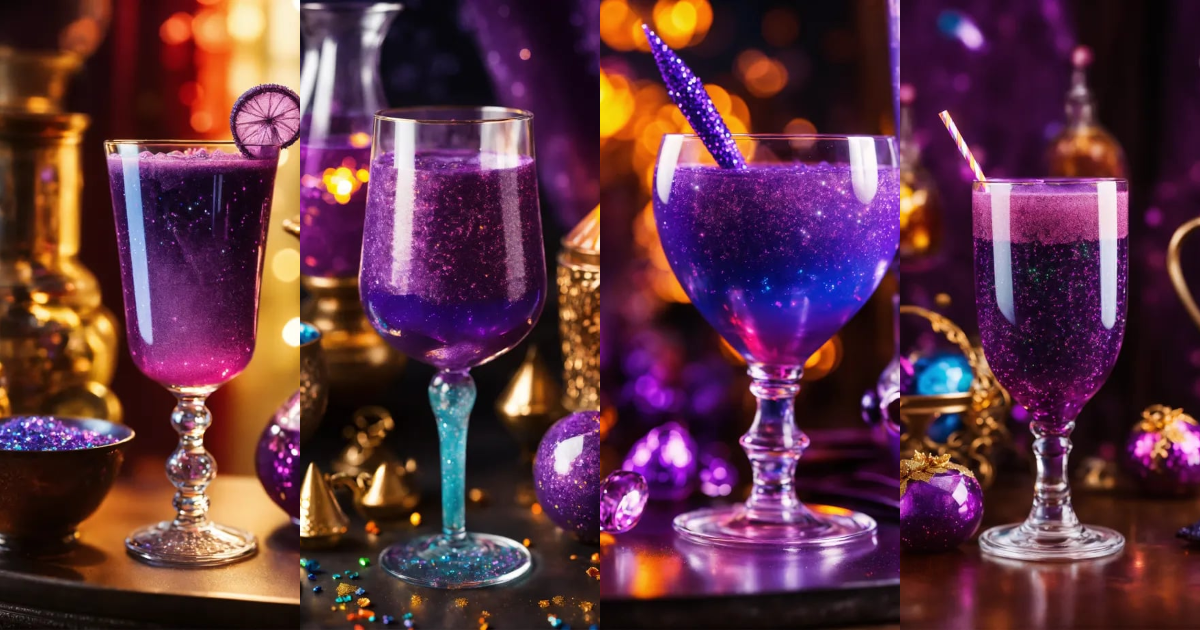 Lexica - Hyper realistic magical vibrant glitter purple wizard drink in ...