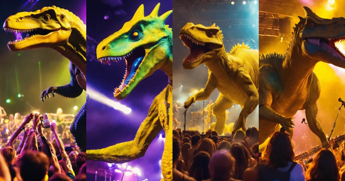 Lexica - Close up on large crazy yellow alien dinosaur with band ...