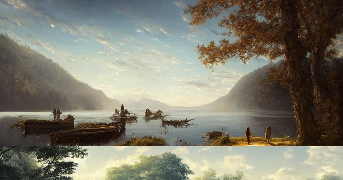 Lexica - Portrait of a vast lake with a village surrounded by woodland ...