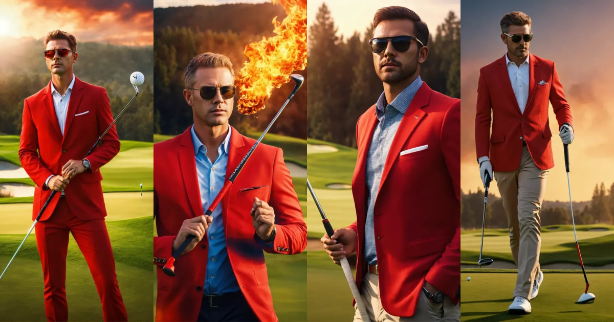 Lexica - 4k hd ultra realistic man red blazer, sunglasses. Holding golf ...
