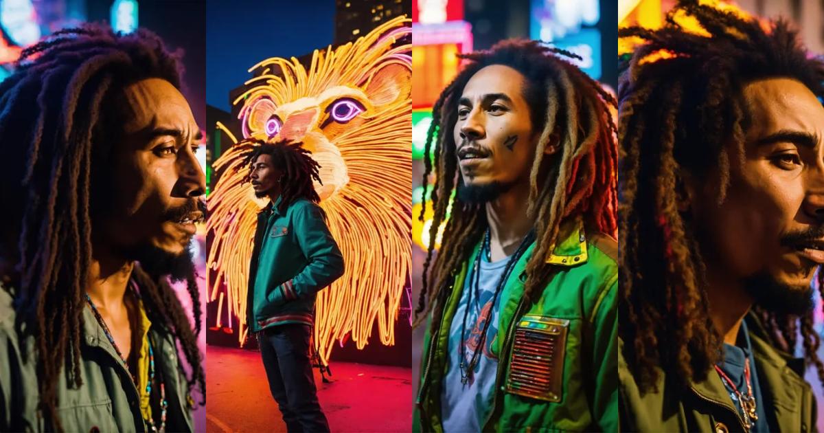 Lexica - Slow shutter speed photo of a cyberpunk bob marley with neon ...