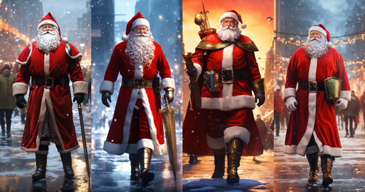 Lexica - ((Santa Claus in armor walks down the crowded street of a ...