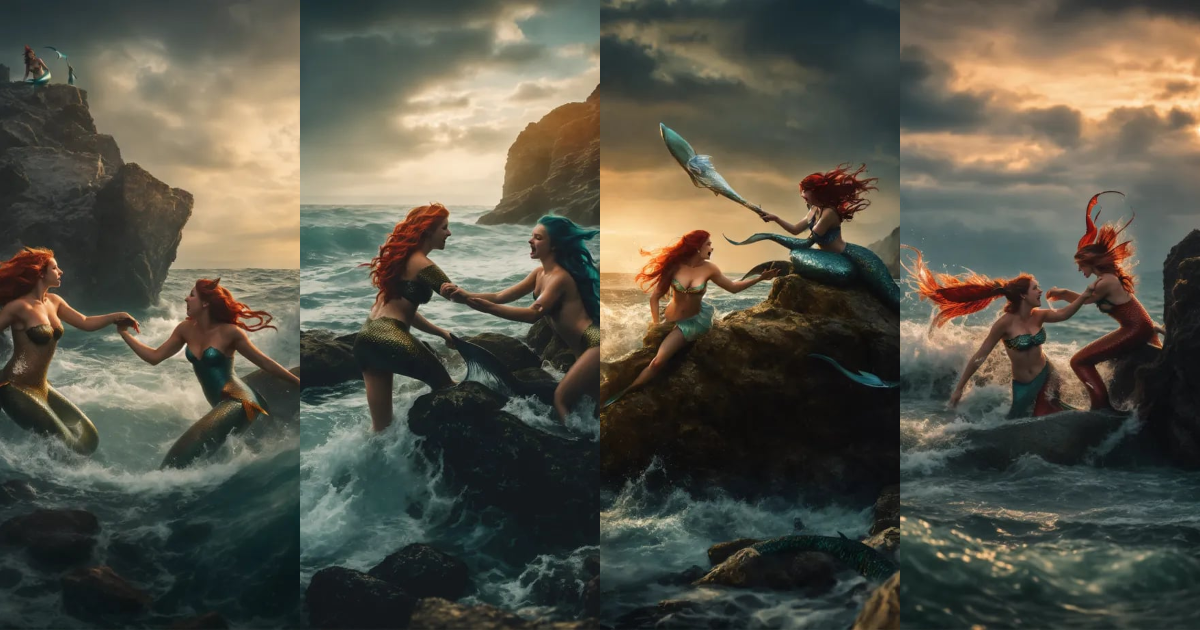 Lexica - Create a 4k detailed photo of two evil (mermaids) fighting ...