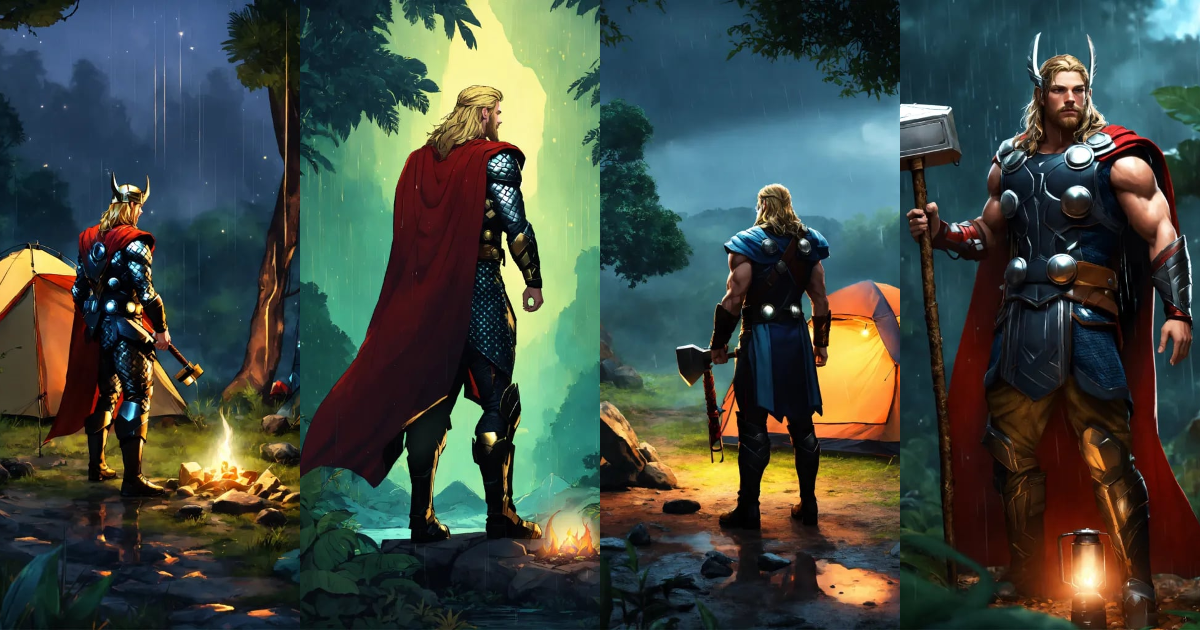 Lexica - Thor camping on a rainy day in the jungle at night, nature ...