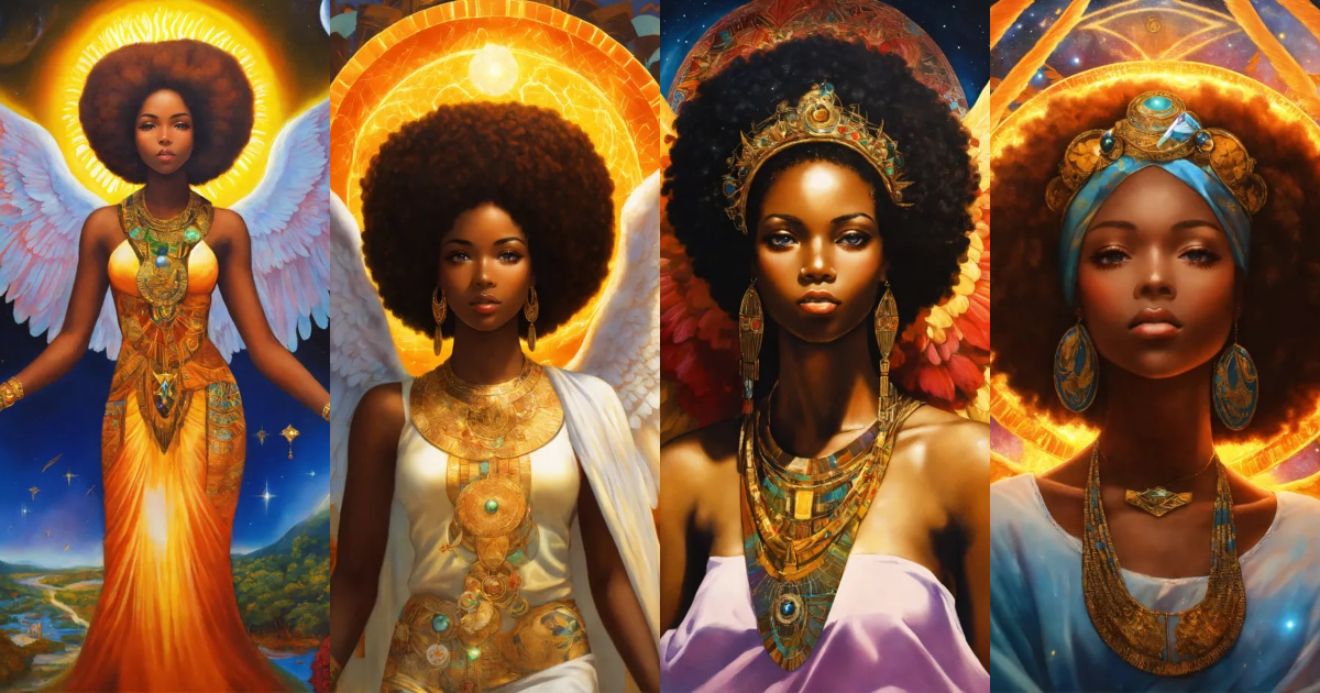 Lexica - Afrocentric cosmology, radiant realism, glowing afrocentric angel