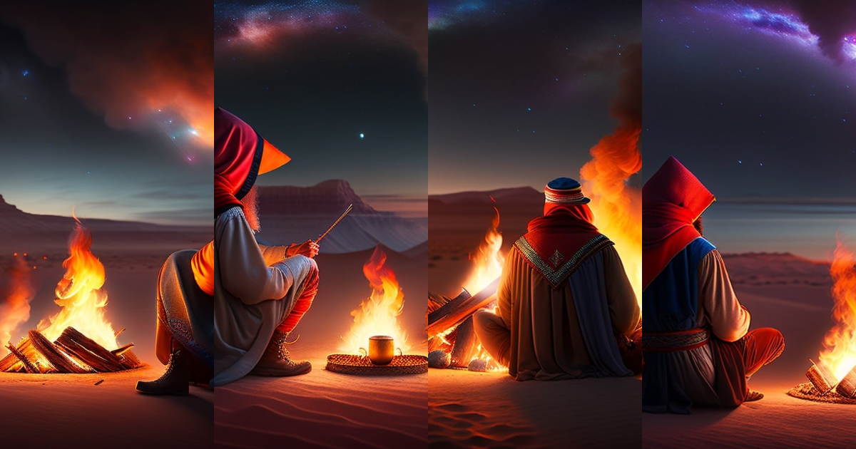 Lexica - A bedouin storyteller from the back sitting on the ground near ...