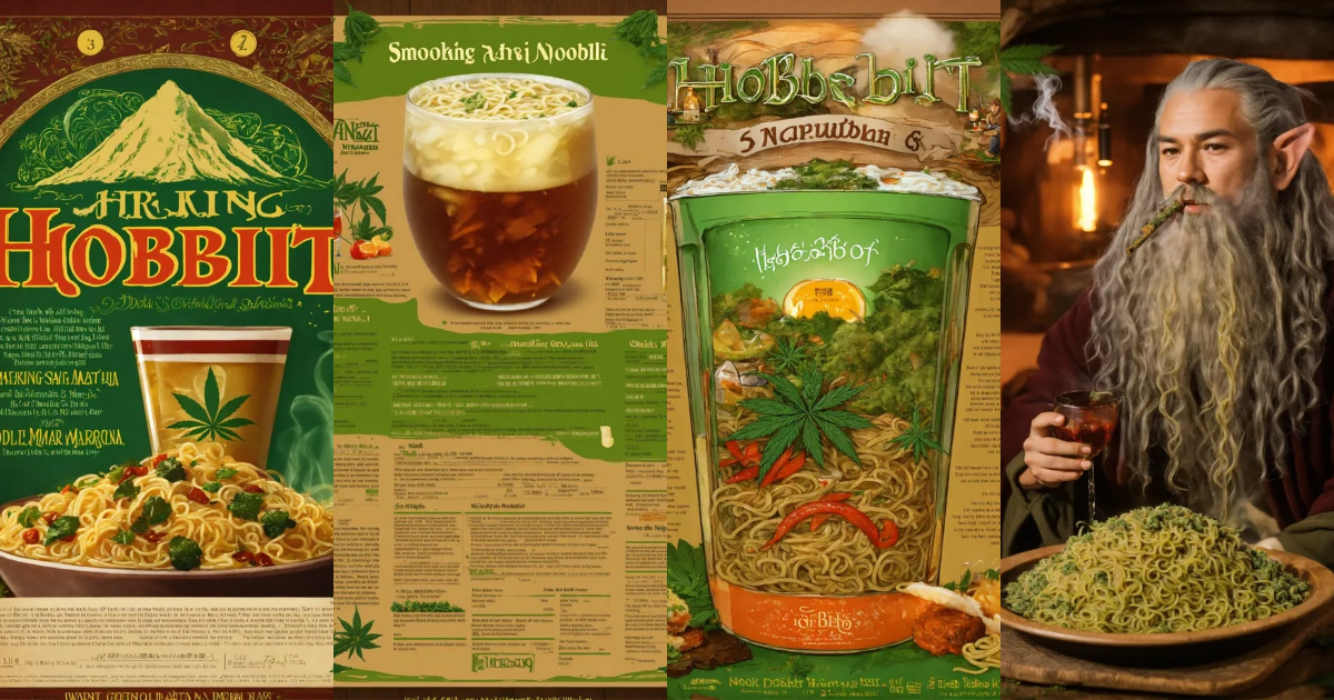 Lexica - A drink hobbit smoking marijuana and rating noodle
