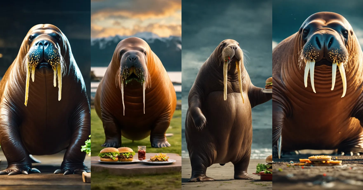 Lexica - A walrus standing on 2 legs, eating hamburger, motion capture, 8k