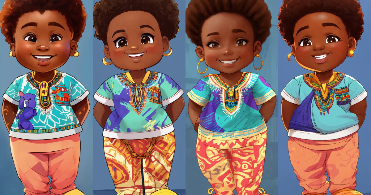 Lexica - 4K cartoon, wearing vivid dashiki, smiling.