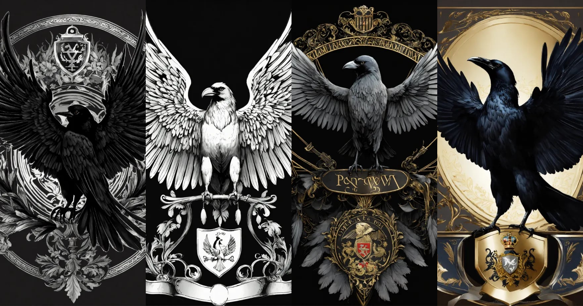 Lexica - Black crow, family crest, wings spread, black background ...
