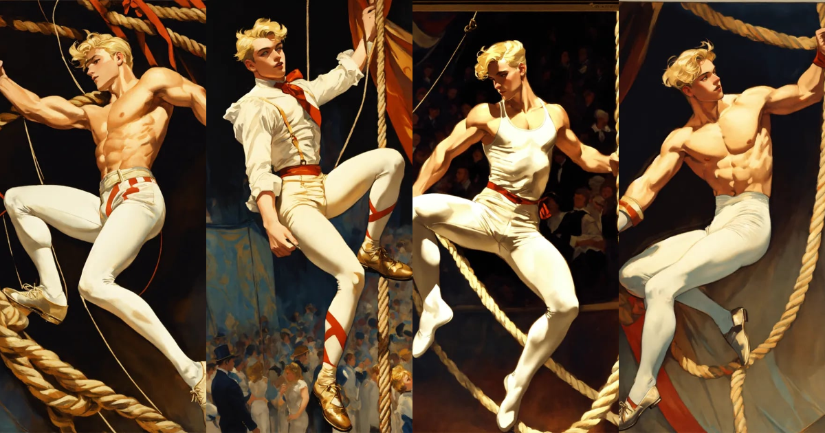Lexica - A blonde male acrobat in white tights, climbing at a rope in a ...