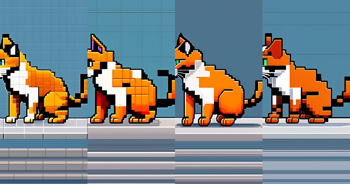 Lexica - A 2d 1-bit pixel cat character standing on hind legs