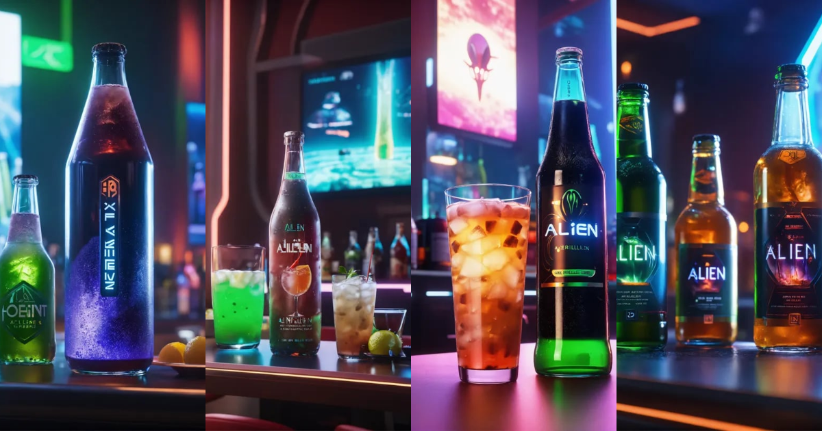 Lexica - Close up of bottle and alien drinks in front of a vertical ...