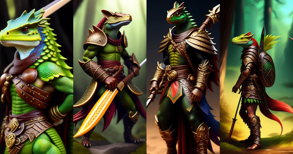 Lexica - Lizardfolk, warrior, forest, anime style, wooden spear