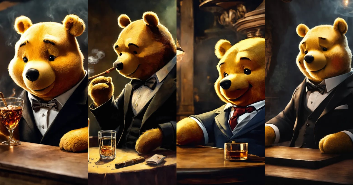 Lexica - Winnie the pooh in a tuxedo, serious look on his face, sitting ...