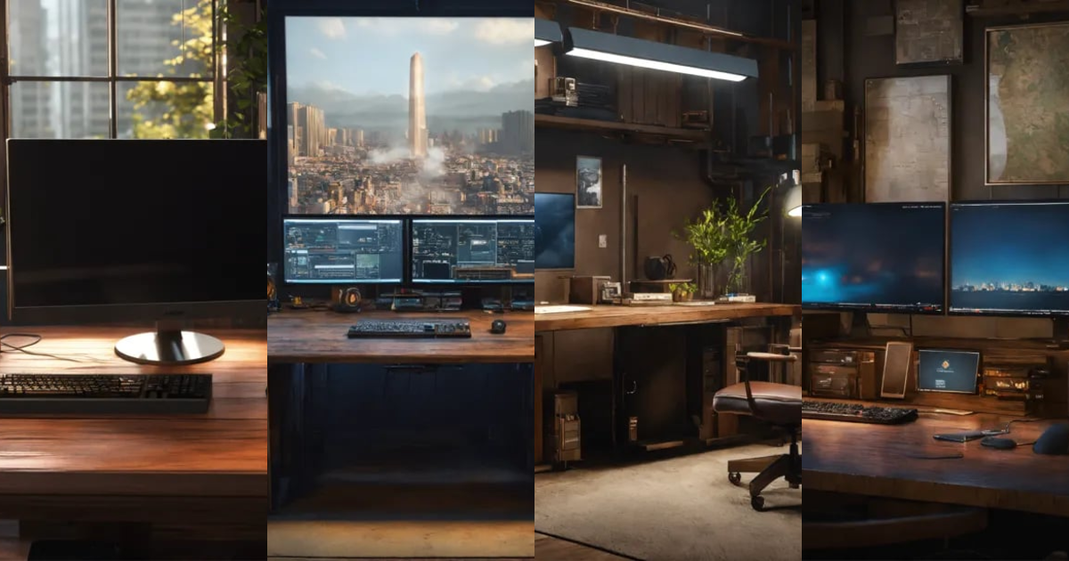 Lexica - A dark industrial wood desk, with very monitors,very ...