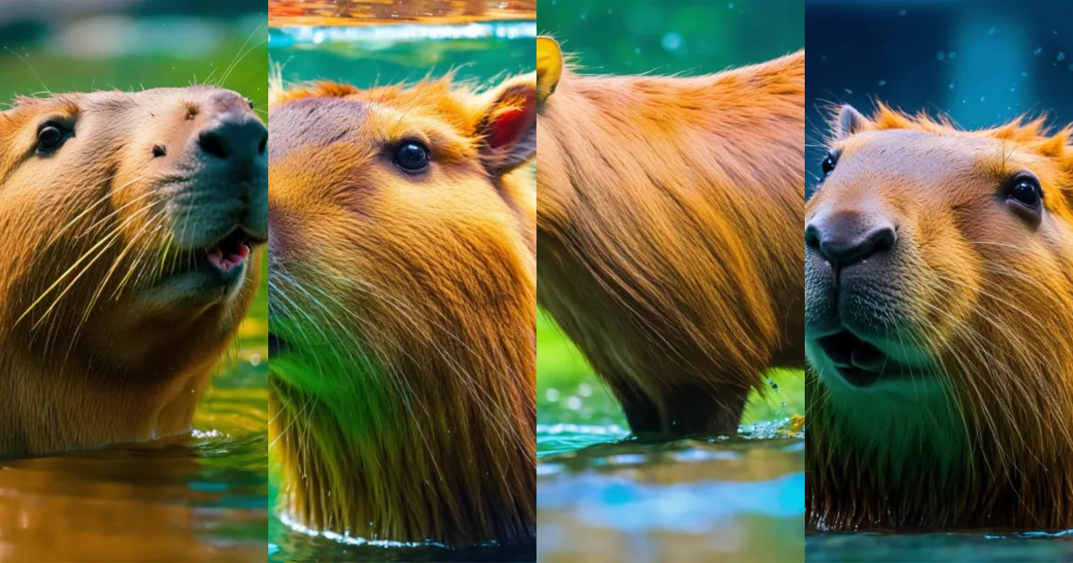 Lexica - Cute, capybara swimming, colourful, kawai, happy, 4k