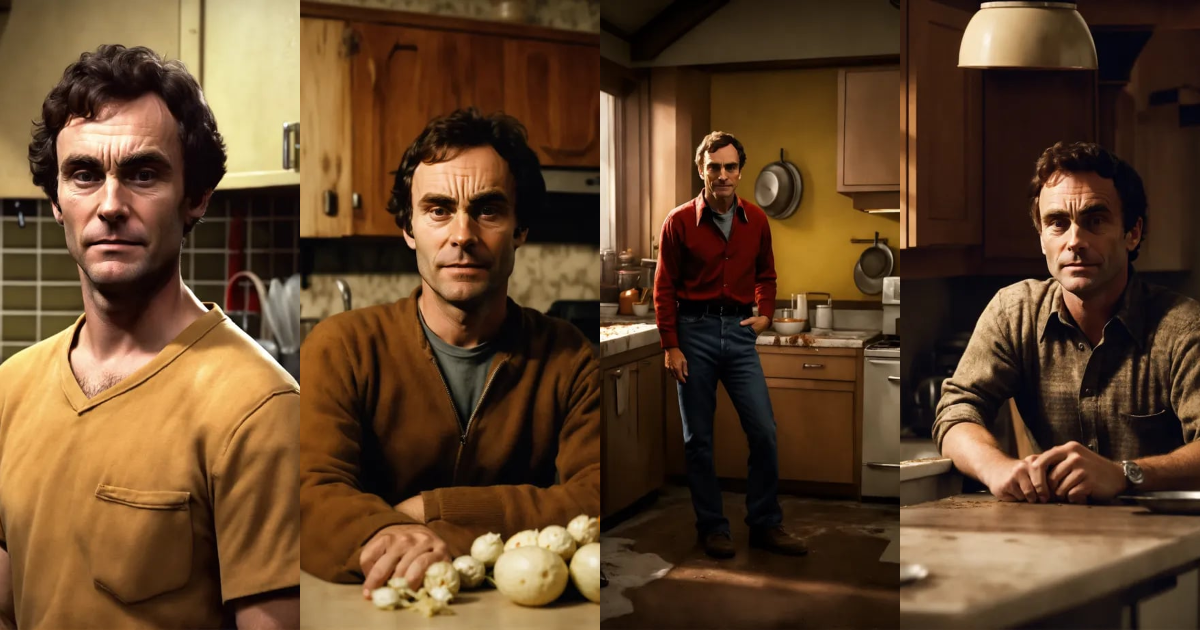 Lexica - Ted bundy, looking at camera, in dirty kitchen, super ...