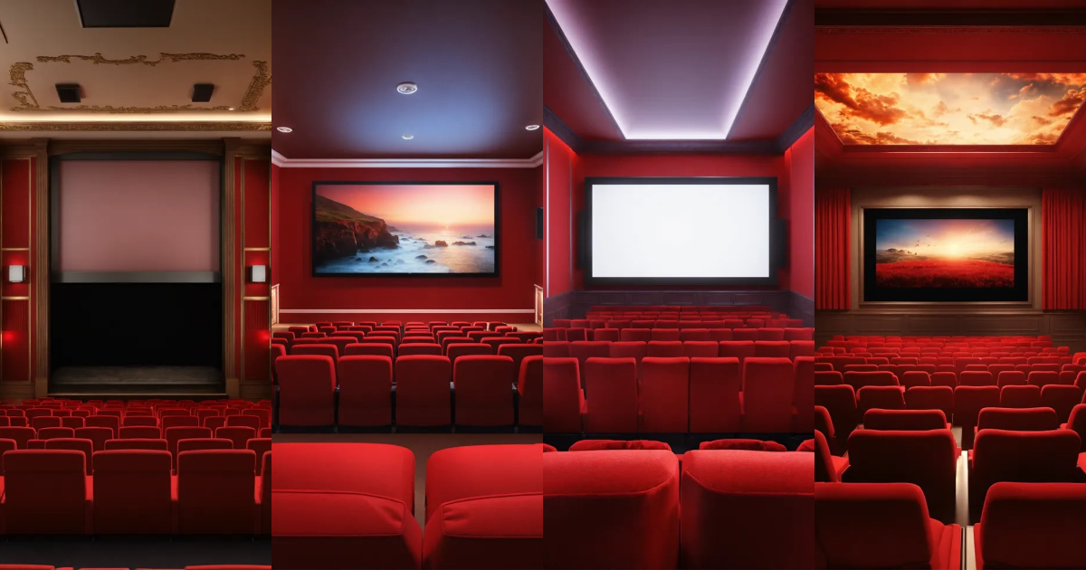 Lexica - Cinema Room with big screen and red seats front screen 3d art