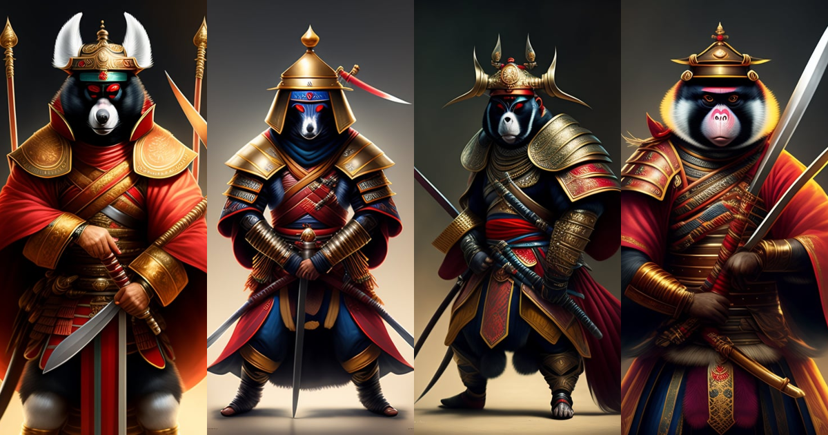 Lexica - Award-winning photo of a Mandrills samurai, holding two swords ...