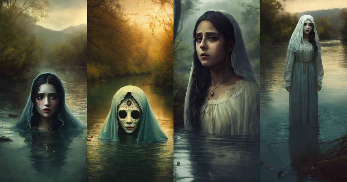 Lexica - La llorona her head in river with out eyes pale face