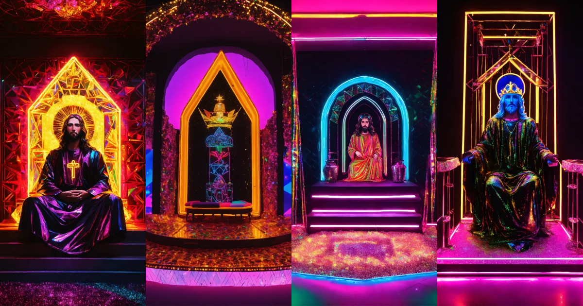 Lexica - Jesus made of diamonds and glitter black neon light DMT throne