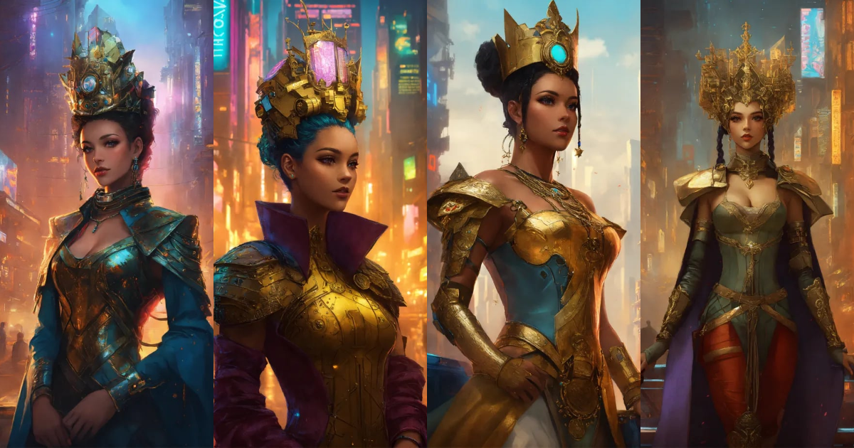 Lexica - A stunning, majestic queen in a cyberpunk metropolis holds an ...