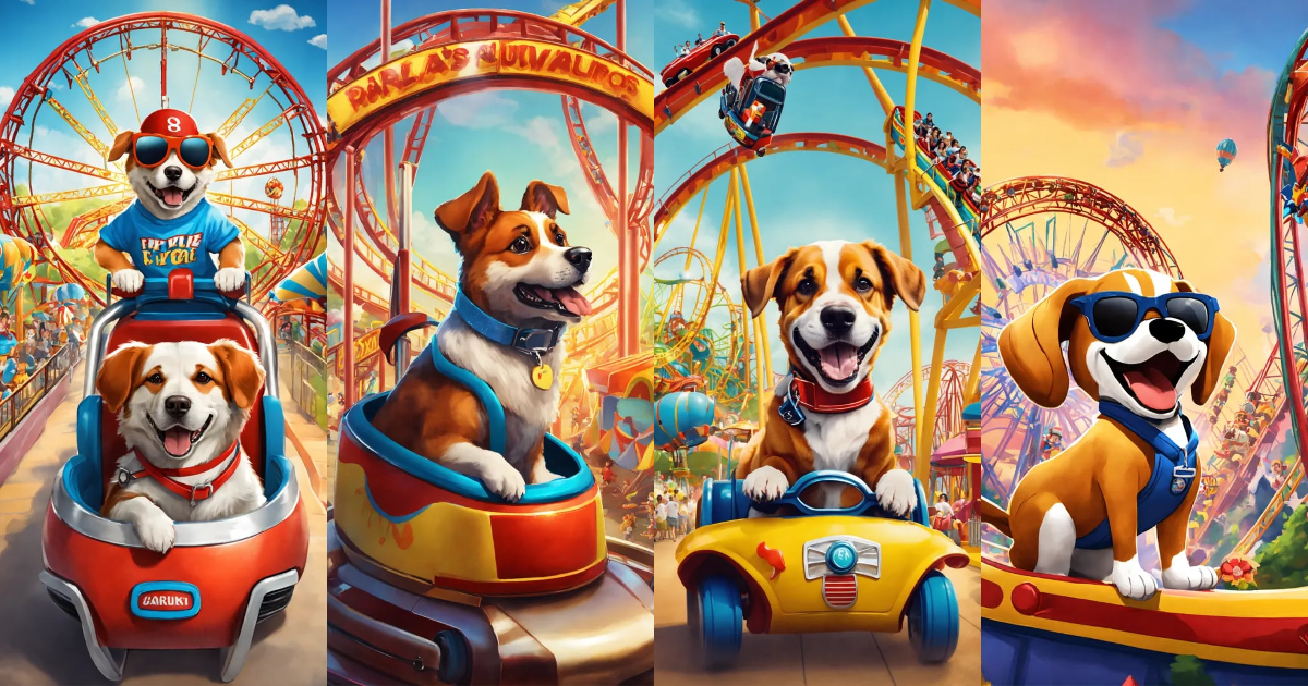 Lexica - Create an image of a dog bustling amusement park as a roller ...