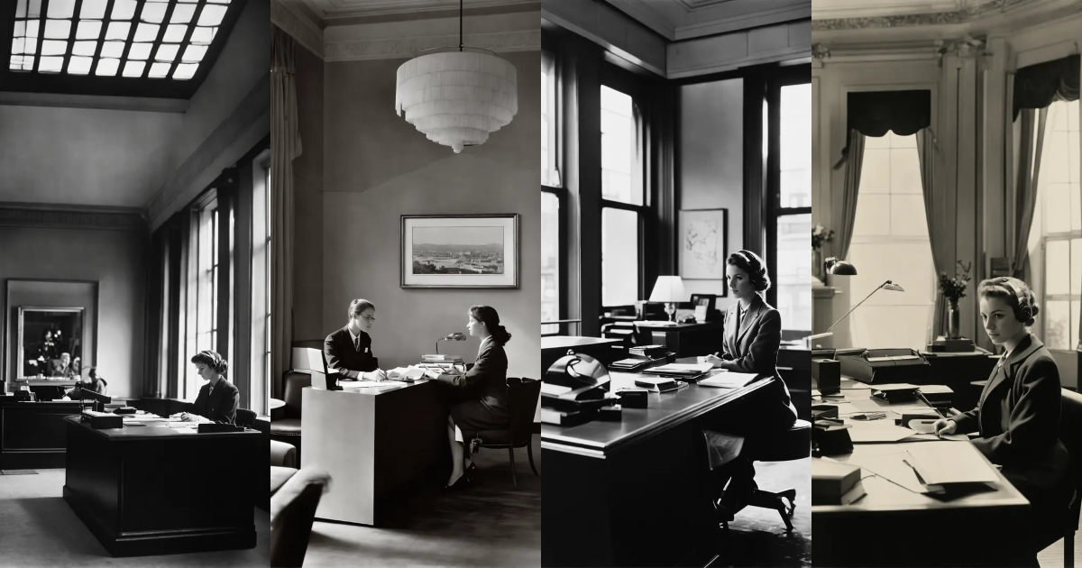 Lexica - Wide angle, geometric, Female receptionist, sitting at desk ...