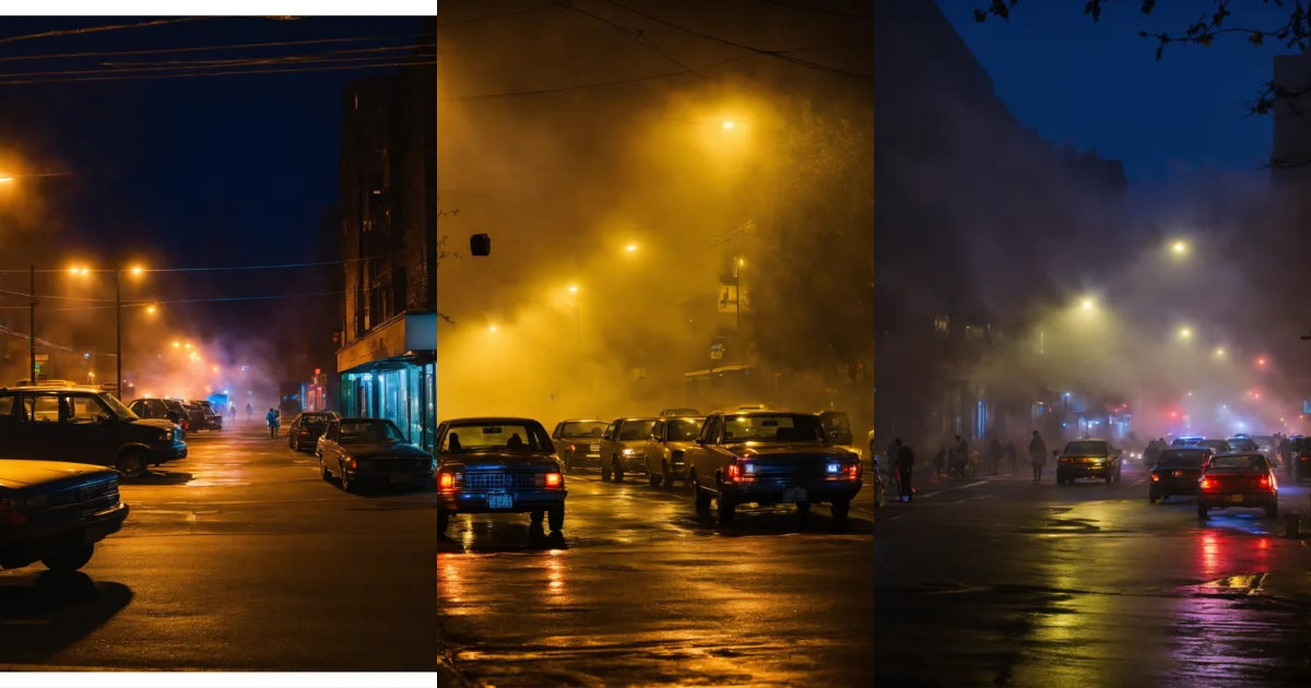 Lexica - Street scene at night partial fog with fluorescent lighting ...