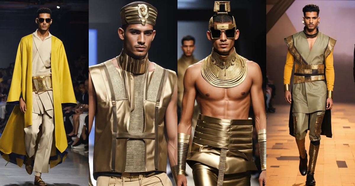Lexica - Futuristic, modern Egyptian fashion on runway, men model