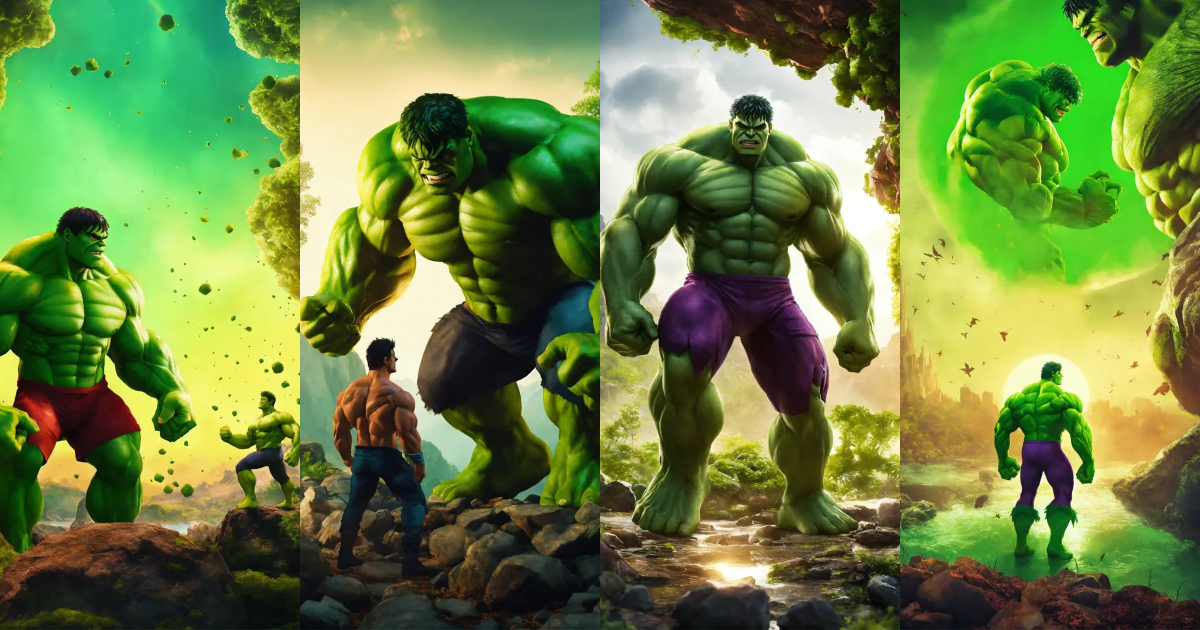 Lexica - Hulk meets Hulk in the multiverse, nature background, 2D render