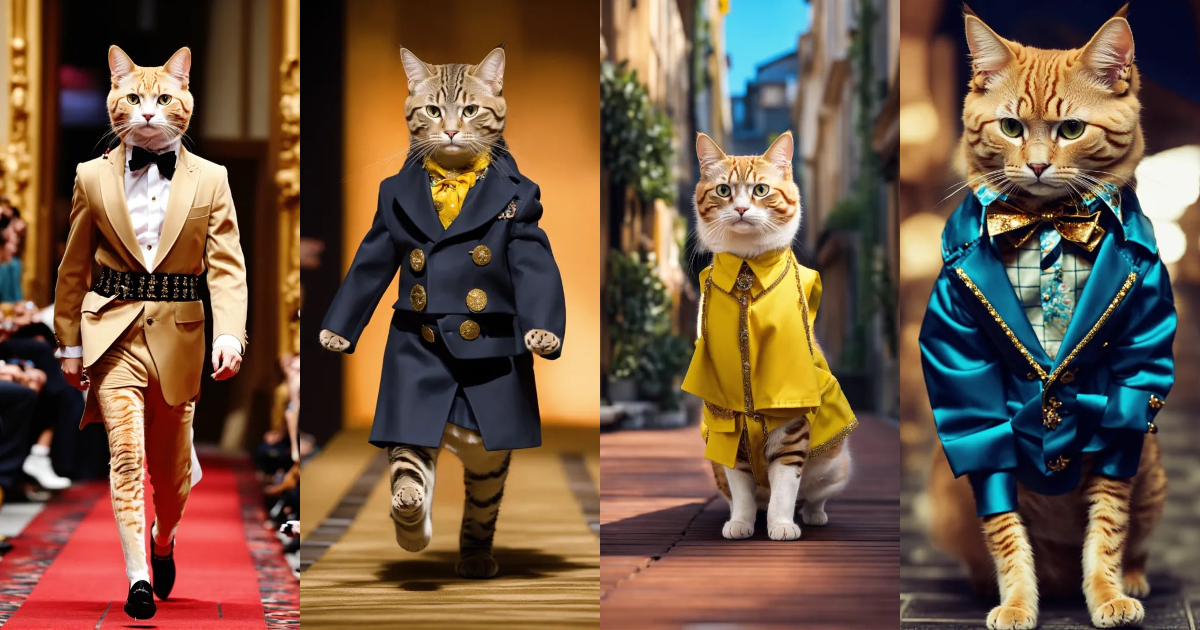 Lexica - Generate a picture of a cat as a fashionable runway model ...