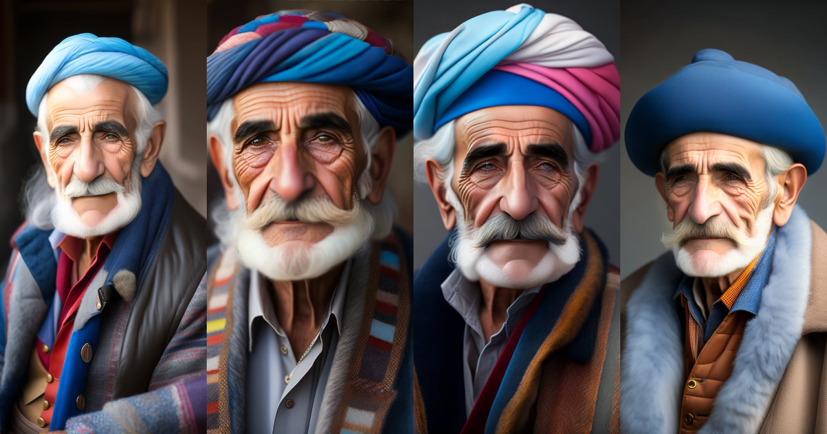 Lexica - An old Kurdish man, with a colored pooch on his head, a ...