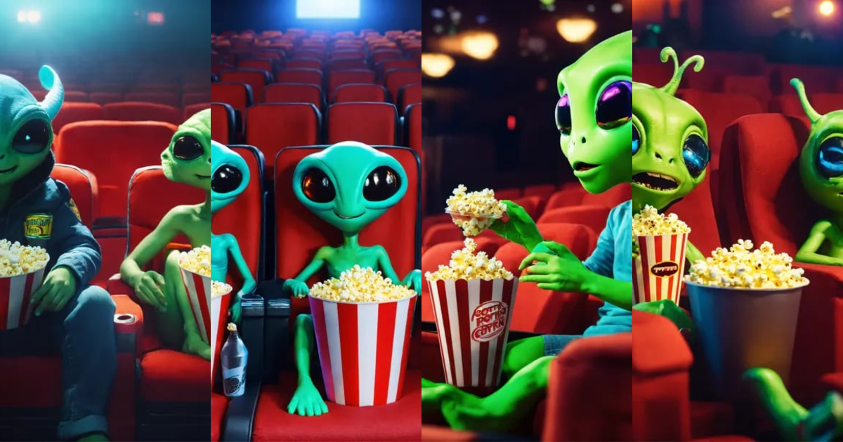 Lexica - Cute aliens sitting in a movie theater eating popcorn and ...