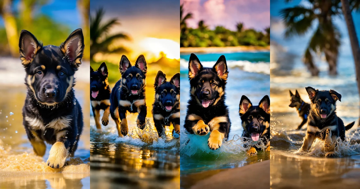 Lexica - "Sapphire Shoreline Pups" On a secluded, glittering blue ...