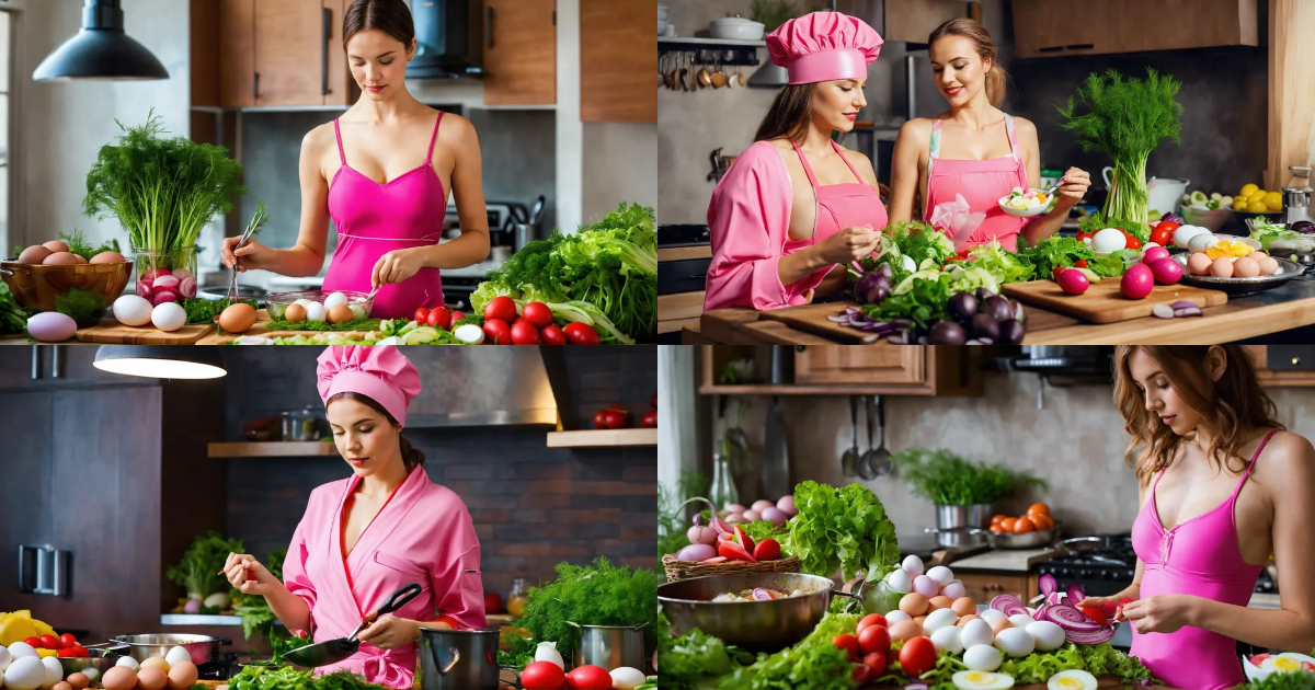 Lexica - Woman in a pink swimming suit cooking, Radish, Hard boiled ...